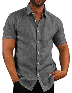 coofandy men's western casual shirt button up basic solid linen business shirts hawaiian vacation shirts short sleeve - black