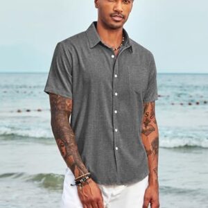 COOFANDY Men's Western Casual Shirt Button Up Basic Solid Linen Business Shirts Hawaiian Vacation Shirts Short Sleeve - Black