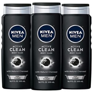 nivea men deep active clean charcoal body wash, cleansing body wash with natural charcoal, 3 pack of 16.9 fl oz bottles