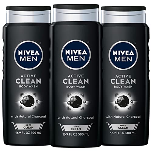 Nivea Men DEEP Active Clean Charcoal Body Wash, Cleansing Body Wash with Natural Charcoal, 3 Pack of 16.9 Fl Oz Bottles