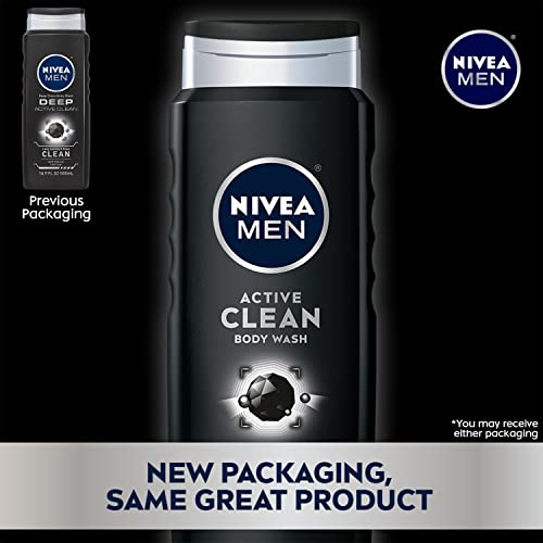 Nivea Men DEEP Active Clean Charcoal Body Wash, Cleansing Body Wash with Natural Charcoal, 3 Pack of 16.9 Fl Oz Bottles