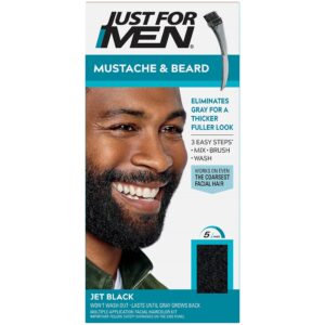 just for men mustache & beard, beard dye for men with brush included for easy application, with biotin aloe and coconut oil for healthy facial hair - jet black, m-60, pack of 1