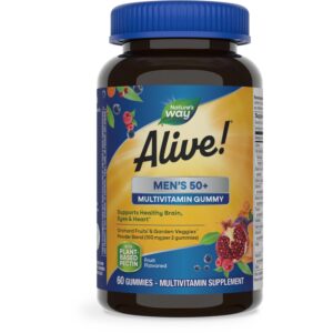 nature's way alive! men’s 50+ daily gummy multivitamins, supports healthy brain, eyes, heart*, b-vitamins, gluten-free, vegetarian, fruit flavored, 60 gummies (packaging may vary)