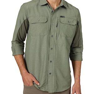 ATG by Wrangler Men's Long Sleeve Mixed Material Shirt, Dusty Olive, Medium