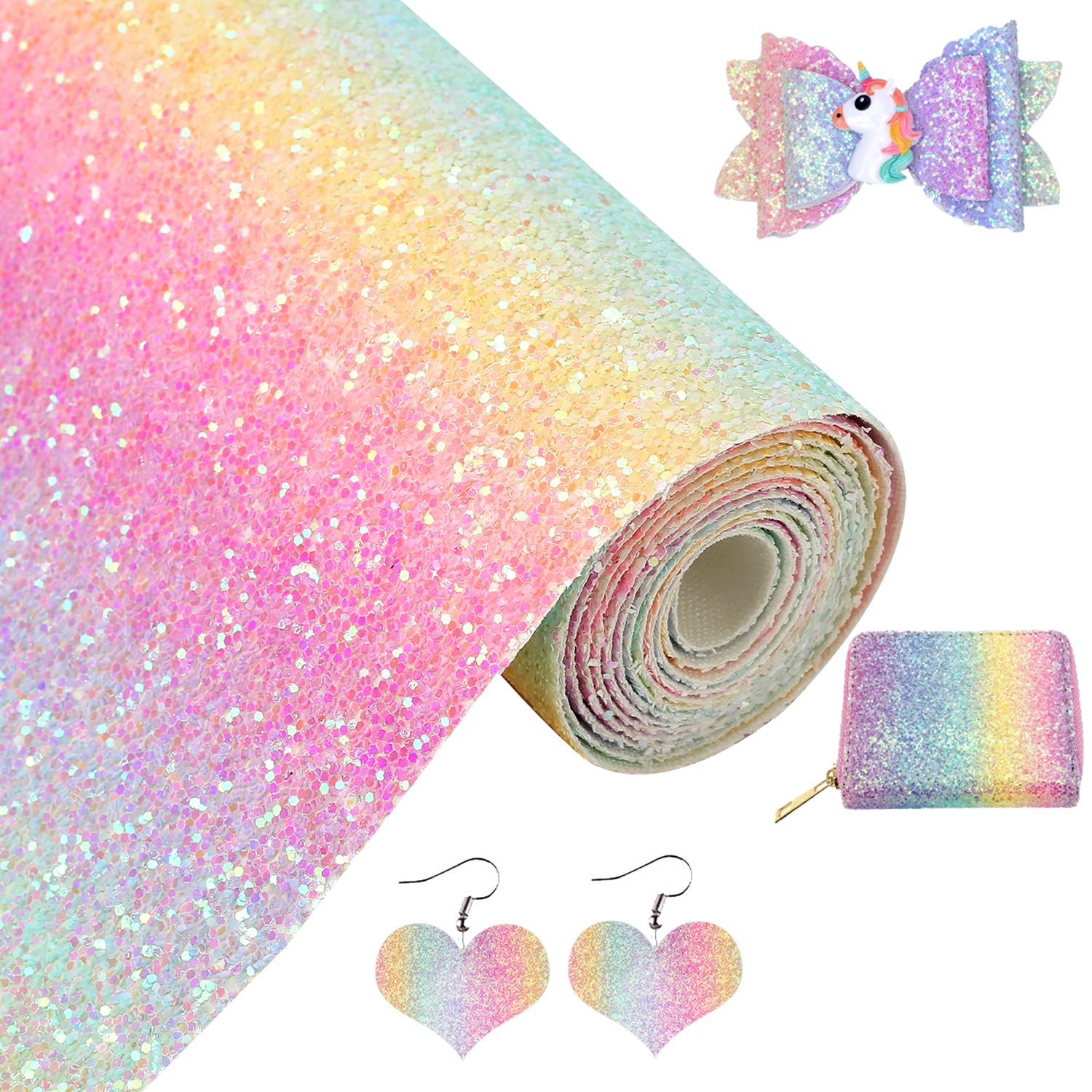 Greatdiy Pastel Rainbow Chunky Glitter Faux Leather Roll 12x52inch Spring Bright Iridescent Girl Fabric for Cricut Bows Earrings Crafts (18001#2)