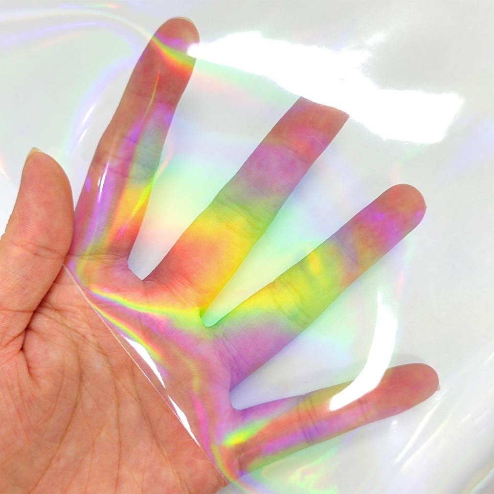 Iridescent Clear Film Laser Mirror Rainbow Transparent PVC Waterproof Vinyl Material for Bows Jewlery Bags Making DIY Crafts (Holographic-B)