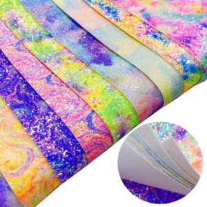 Shalun Iridescence Tie dye Faux Leather Sheets 8x12inch Sparkly Colorful Rainbow Camouflage Print Chunky Glitter Leatherette Fabric for Cricut Bows Earrings