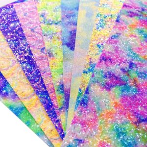 Shalun Iridescence Tie dye Faux Leather Sheets 8x12inch Sparkly Colorful Rainbow Camouflage Print Chunky Glitter Leatherette Fabric for Cricut Bows Earrings