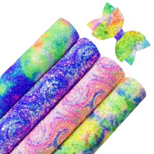 Shalun Iridescence Tie dye Faux Leather Sheets 8x12inch Sparkly Colorful Rainbow Camouflage Print Chunky Glitter Leatherette Fabric for Cricut Bows Earrings