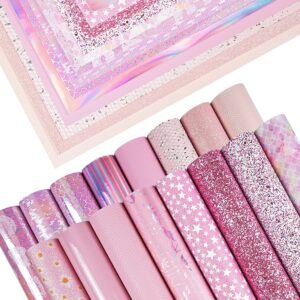 16 pieces 8x6 inch pink and baby pink series faux leather fabric sheets include metallic litchi fine chunky glitter holographic flamingo patent embossing mermaid scale for leather earring bows making