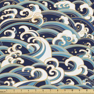 ambesonne nautical fabric by the yard, traditional oriental style ocean waves pattern foam and splashes print, decorative fabric for upholstery and home accents, 1 yard, blue gold