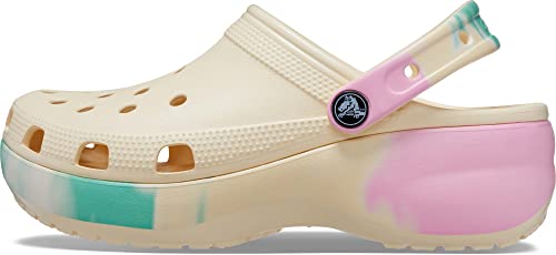 Crocs Women's Classic Graphic Platform Clogs, Platform Shoes, Vanilla/Multi, 8 Women