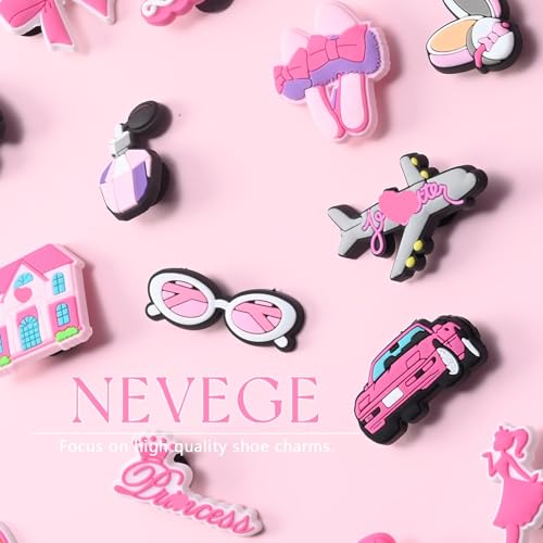 NEVEGE Pink Shoe Charms for Girls Cute Shoe Charms for Adults Teens Kids Pink PVC Shoe Decoration Charms with Buttons for Clog Sandals Birthday Party Gift 30-35PCS