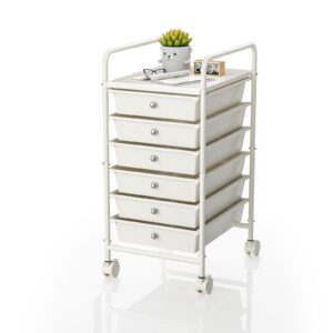 shrivee 6-tier utility cart with 6 drawers, rolling utility cart with 2 lockable caster wheels, multipurpose mobile rolling drawer cart for office bathroom kitchen, ivory white