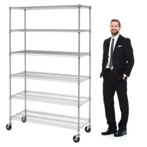 yykokocat heavy duty 6 tier shelving unit adjustable 6000lbs capacity steel storage rack 18" x 48 x 76 mobile shelves wire shelf silver rolling utility cart for pantry garage kitchen, chrome