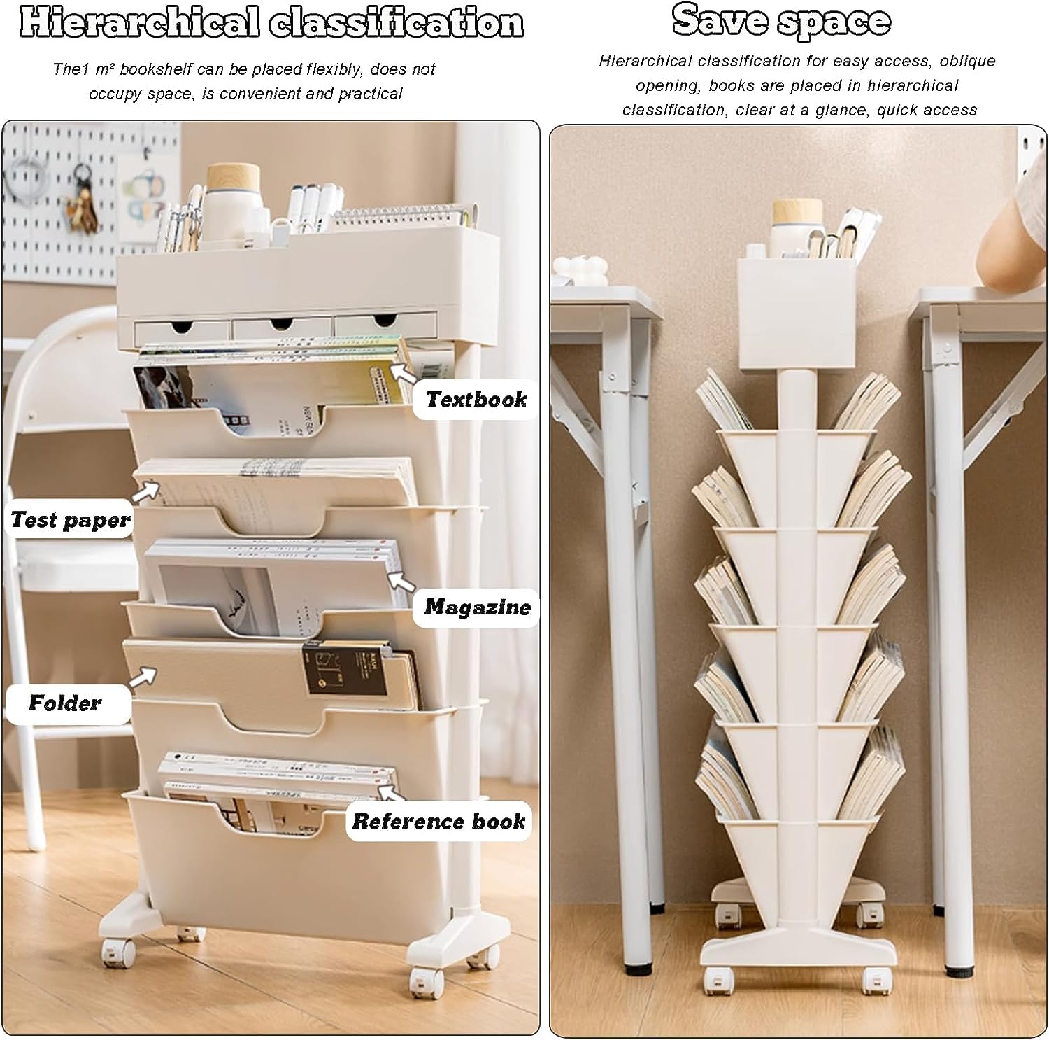 Soccerboy 6 Tier Mobile Bookshelf Bookcase with Lockable Casters,Rolling Utility Cart with 3 Drawer,Movable Storage Organizer for Living Room, Bedroom, Kitchen (White)