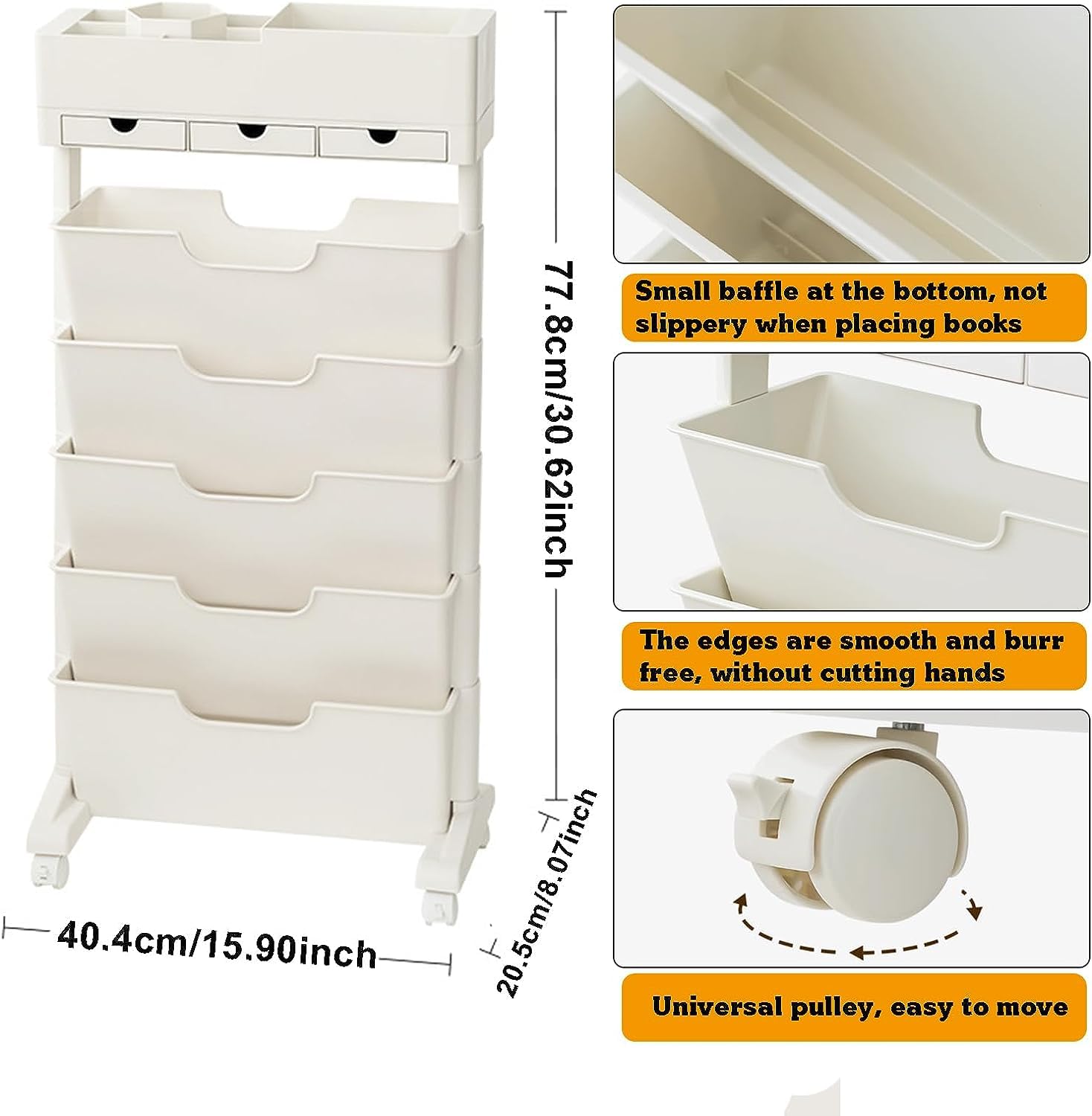 Soccerboy 6 Tier Mobile Bookshelf Bookcase with Lockable Casters,Rolling Utility Cart with 3 Drawer,Movable Storage Organizer for Living Room, Bedroom, Kitchen (White)