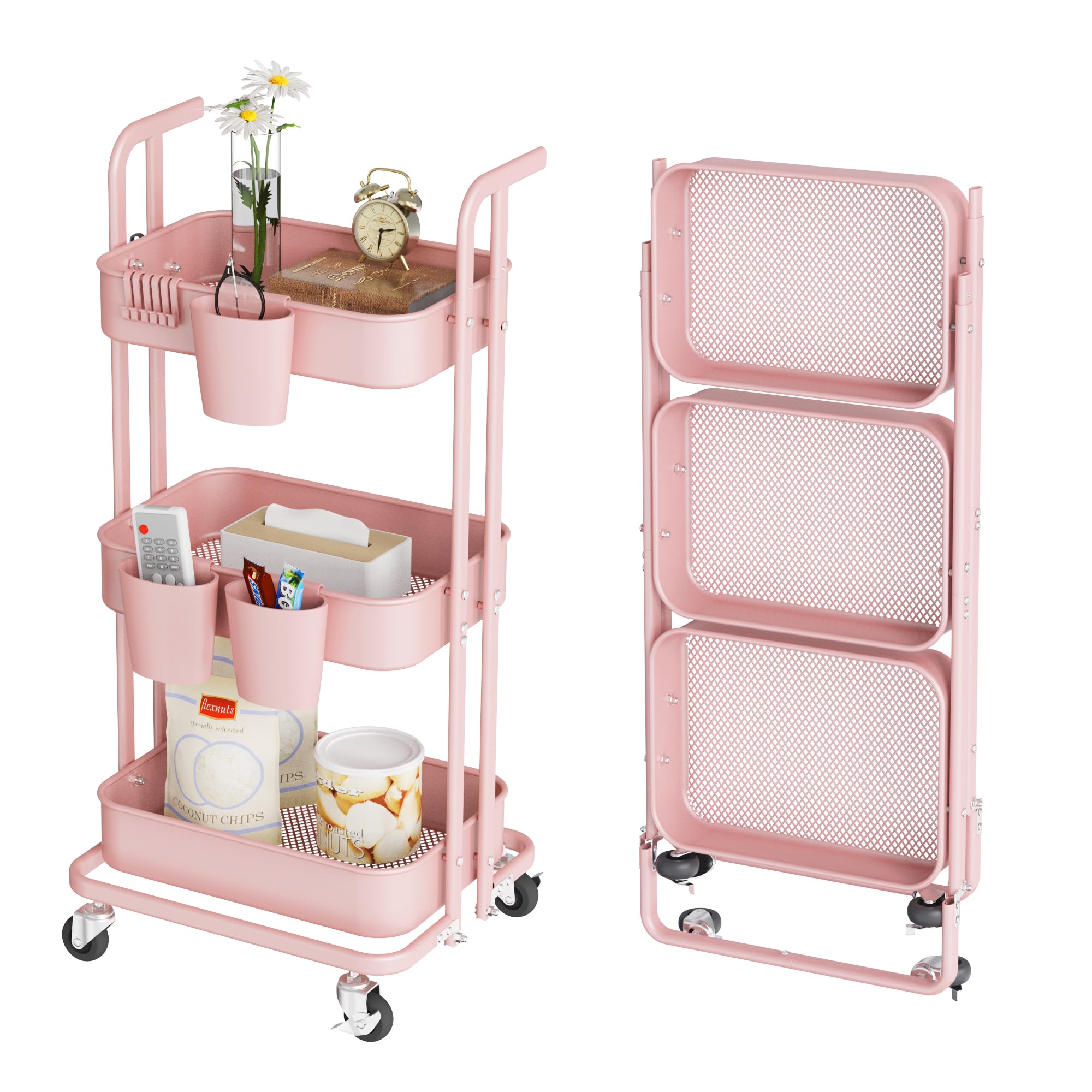 DTK 3 Tier Foldable Rolling Cart, Metal Utility Cart with Lockable Wheels, Folding Storage Trolley for Living Room, Kitchen, Bathroom, Bedroom and Office, Pink