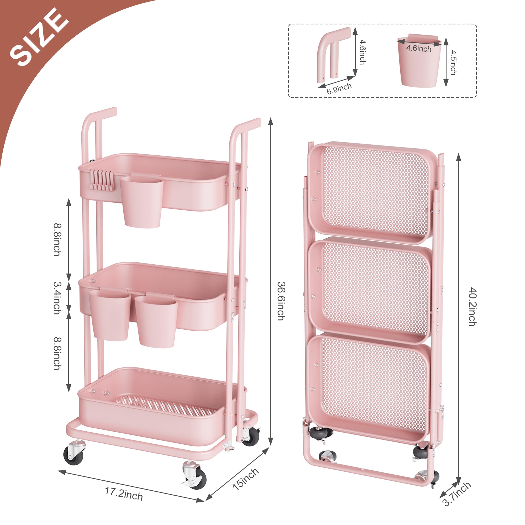 DTK 3 Tier Foldable Rolling Cart, Metal Utility Cart with Lockable Wheels, Folding Storage Trolley for Living Room, Kitchen, Bathroom, Bedroom and Office, Pink