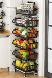 kitchen metal storage basket with wheels stackable wire utility rolling cart vegetable fruit baskets rack for pantry,potato,onions,beverages storage(6 tiers)