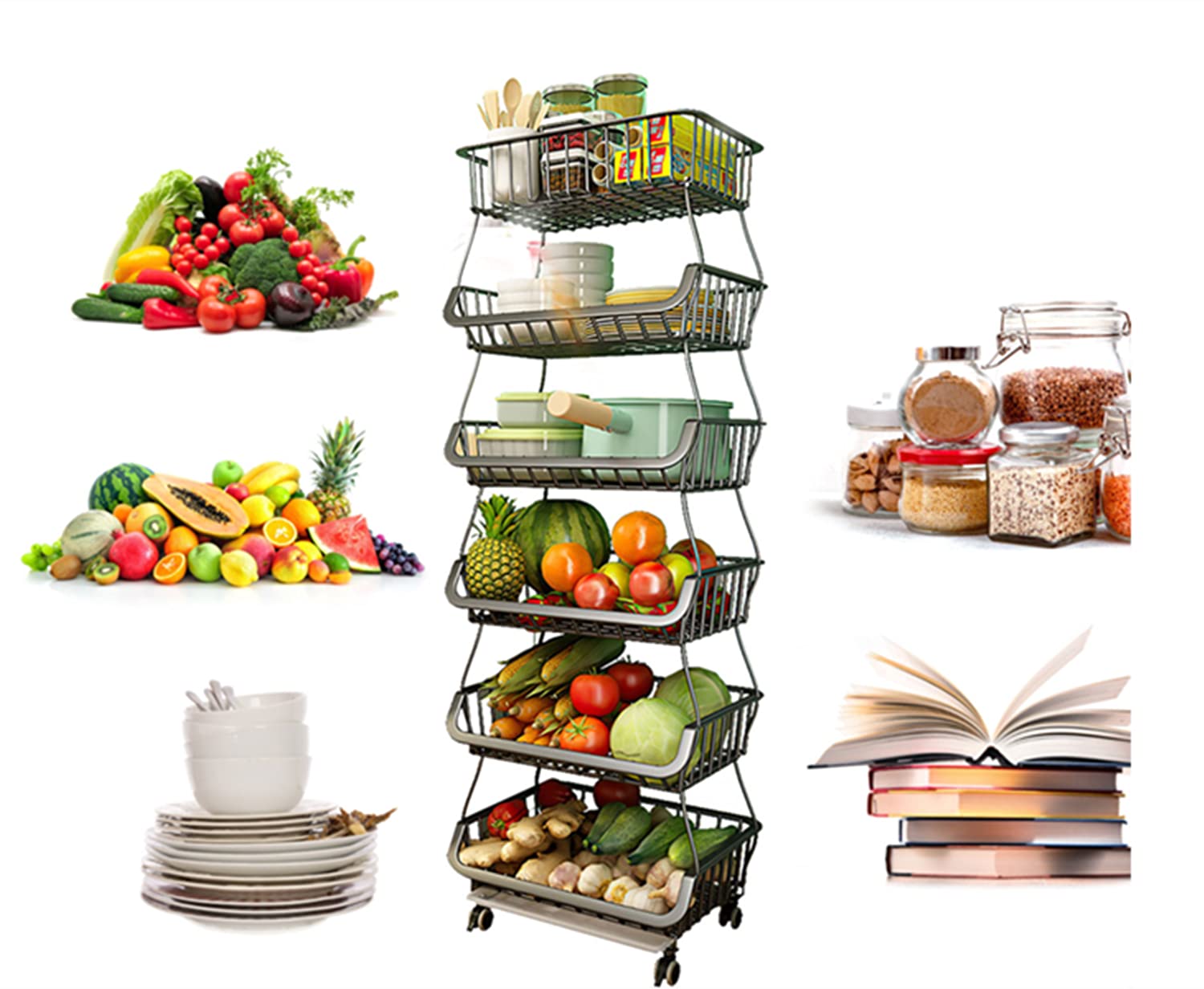 Kitchen Metal Storage Basket with Wheels Stackable Wire Utility Rolling Cart Vegetable Fruit Baskets Rack for Pantry,Potato,Onions,Beverages Storage(6 Tiers)