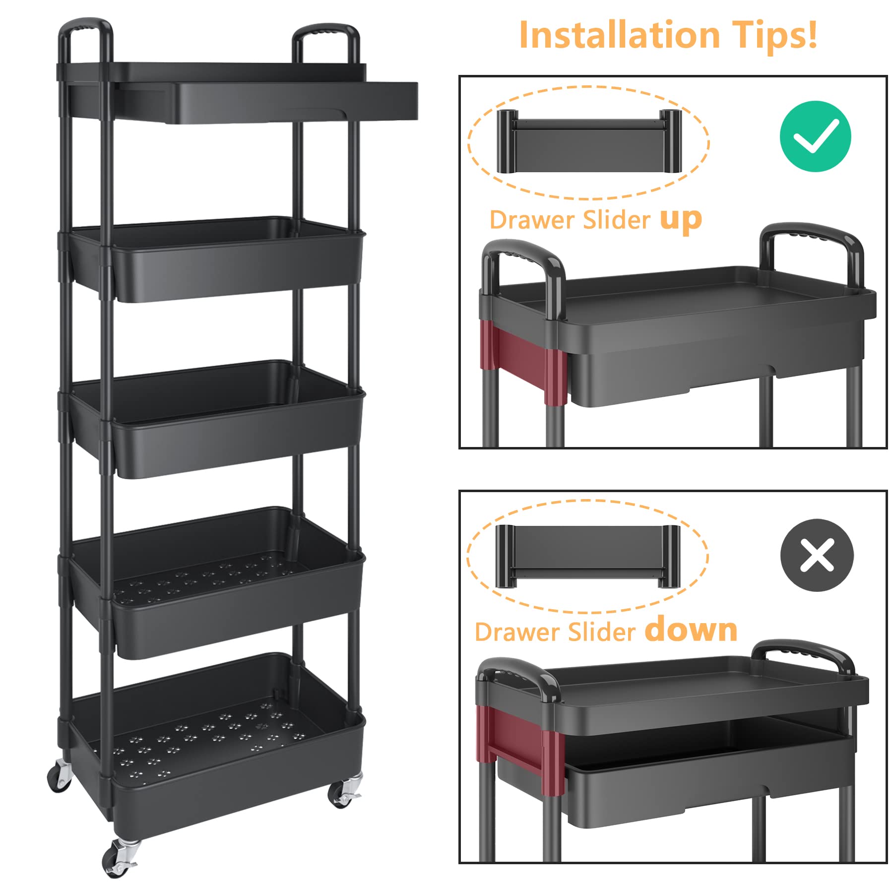 Calmootey 5-Tier Rolling Utility Cart with Drawer,Multifunctional Storage Organizer with Plastic Shelf & Metal Wheels,Storage Cart for Kitchen,Bathroom,Living Room,Office,Black