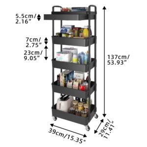 Calmootey 5-Tier Rolling Utility Cart with Drawer,Multifunctional Storage Organizer with Plastic Shelf & Metal Wheels,Storage Cart for Kitchen,Bathroom,Living Room,Office,Black