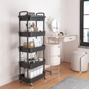 Calmootey 5-Tier Rolling Utility Cart with Drawer,Multifunctional Storage Organizer with Plastic Shelf & Metal Wheels,Storage Cart for Kitchen,Bathroom,Living Room,Office,Black