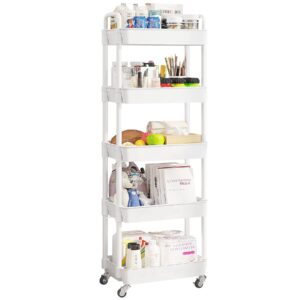 udear 5-tier rolling utility cart with 12 category labels,multifunctional storage shelves with handle and lockable wheels for room,office,kitchen,bathroom,white