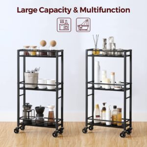 MAHANCRIS Slim Rolling Cart, Mobile Kitchen Cart on Wheels, Narrow Storage Cart for Small Space, Wooden Service Cart, for Bathroom, Laundry, Living Room, Black RCHB1501