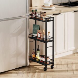 MAHANCRIS Slim Rolling Cart, Mobile Kitchen Cart on Wheels, Narrow Storage Cart for Small Space, Wooden Service Cart, for Bathroom, Laundry, Living Room, Black RCHB1501