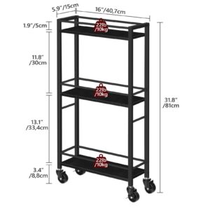 MAHANCRIS Slim Rolling Cart, Mobile Kitchen Cart on Wheels, Narrow Storage Cart for Small Space, Wooden Service Cart, for Bathroom, Laundry, Living Room, Black RCHB1501