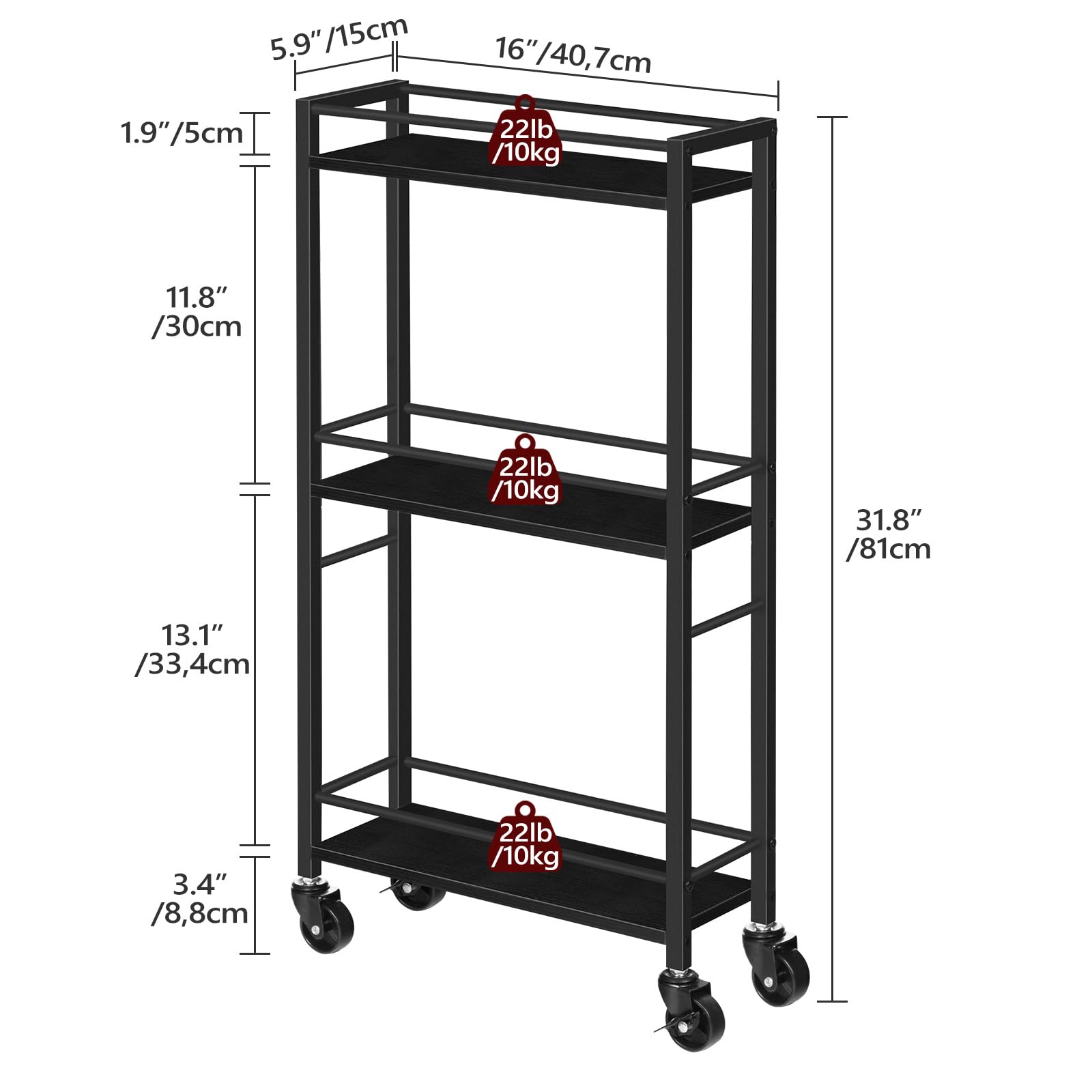 MAHANCRIS Slim Rolling Cart, Mobile Kitchen Cart on Wheels, Narrow Storage Cart for Small Space, Wooden Service Cart, for Bathroom, Laundry, Living Room, Black RCHB1501