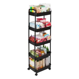 vtopmart 5 tier rolling cart with wheels, detachable utility storage cart with handle and lockable casters, storage basket organizer shelves, easy assemble for bathroom, kitchen, black