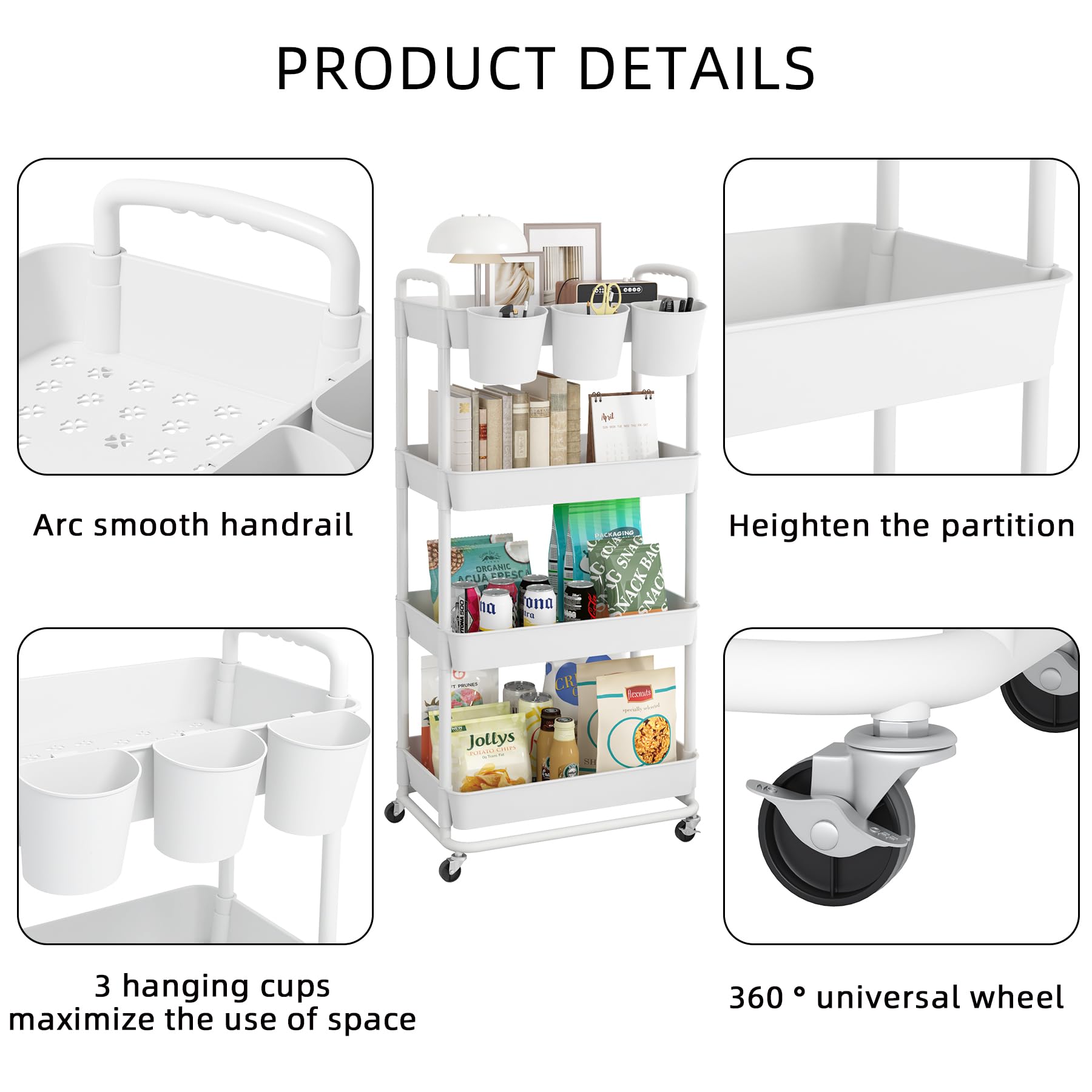 JIUYOTREE 4-Tier Plastic Rolling Storage Cart Utility Cart with Extra Hanging Cups Handles Lockable Wheels for Living Room Bathroom Kitchen Office White