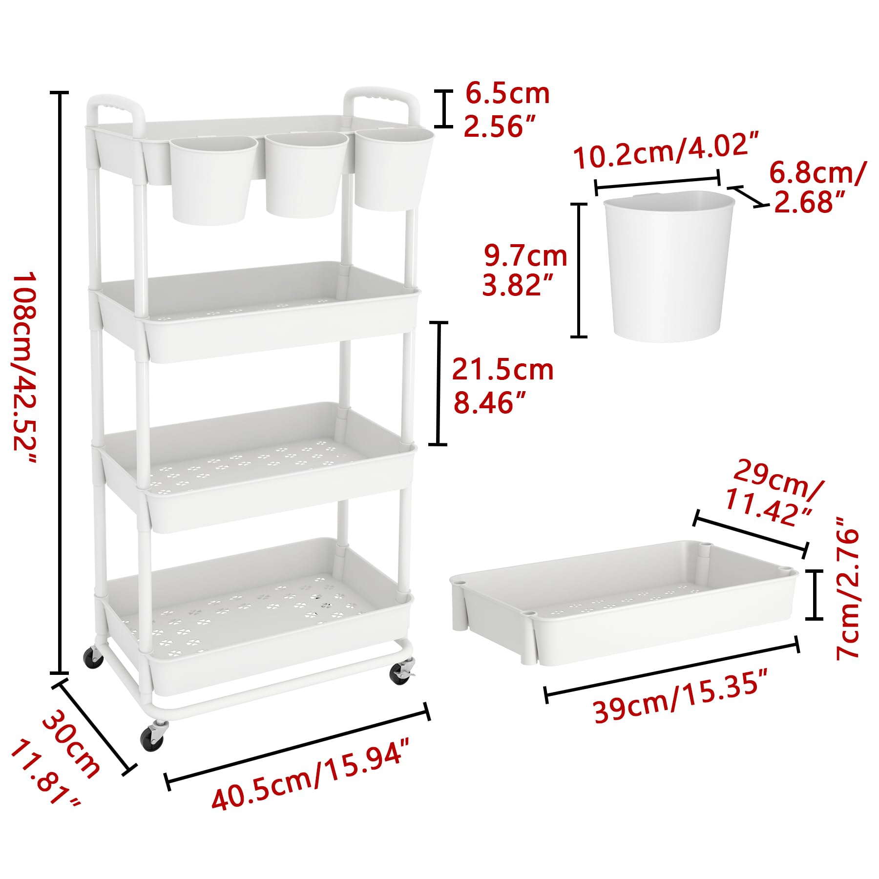 JIUYOTREE 4-Tier Plastic Rolling Storage Cart Utility Cart with Extra Hanging Cups Handles Lockable Wheels for Living Room Bathroom Kitchen Office White