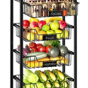 CHLORYARD 5-Tier Vegetable Fruit Basket Kitchen Storage Rolling Cart on Wheels with Pull-Out Baskets and Wood Top for Kitchen Diningroom Pantry