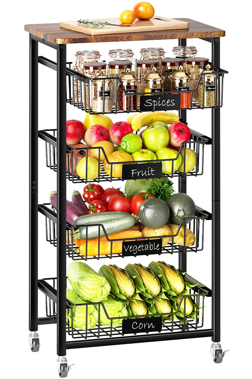 CHLORYARD 5-Tier Vegetable Fruit Basket Kitchen Storage Rolling Cart on Wheels with Pull-Out Baskets and Wood Top for Kitchen Diningroom Pantry