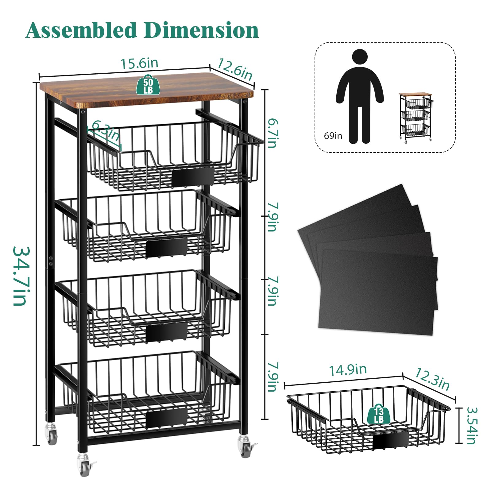 CHLORYARD 5-Tier Vegetable Fruit Basket Kitchen Storage Rolling Cart on Wheels with Pull-Out Baskets and Wood Top for Kitchen Diningroom Pantry