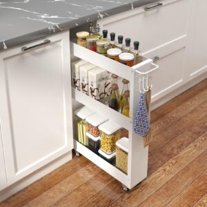 xyzlvsi slim storage cart, 5 in width, 3-tier white rolling cart with handle for kitchen bathroom laundry narrow places