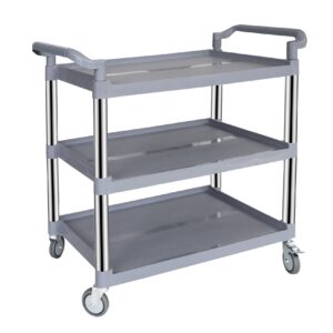 unicoo heavy duty plastic utility cart 550lbs, 3-tier rolling service cart with lockable & silent wheels, anti-rust & easy clean for restaurant, office, garage & more, 41x19.5x39 inches (gray)