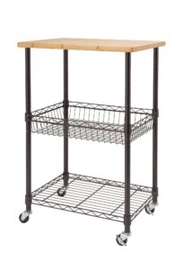 trinity basics 3 tier rolling cart kitchen organizer with bamboo top, metal wire storage basket and shelf for household and pantry organization, dark bronze, 24” w x 18” d x 35” h