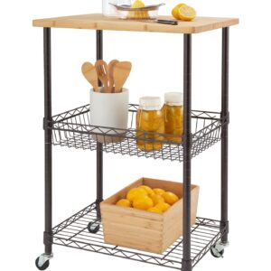 TRINITY BASICS 3 Tier Rolling Cart Kitchen Organizer with Bamboo Top, Metal Wire Storage Basket and Shelf for Household and Pantry Organization, Dark Bronze, 24” W x 18” D x 35” H