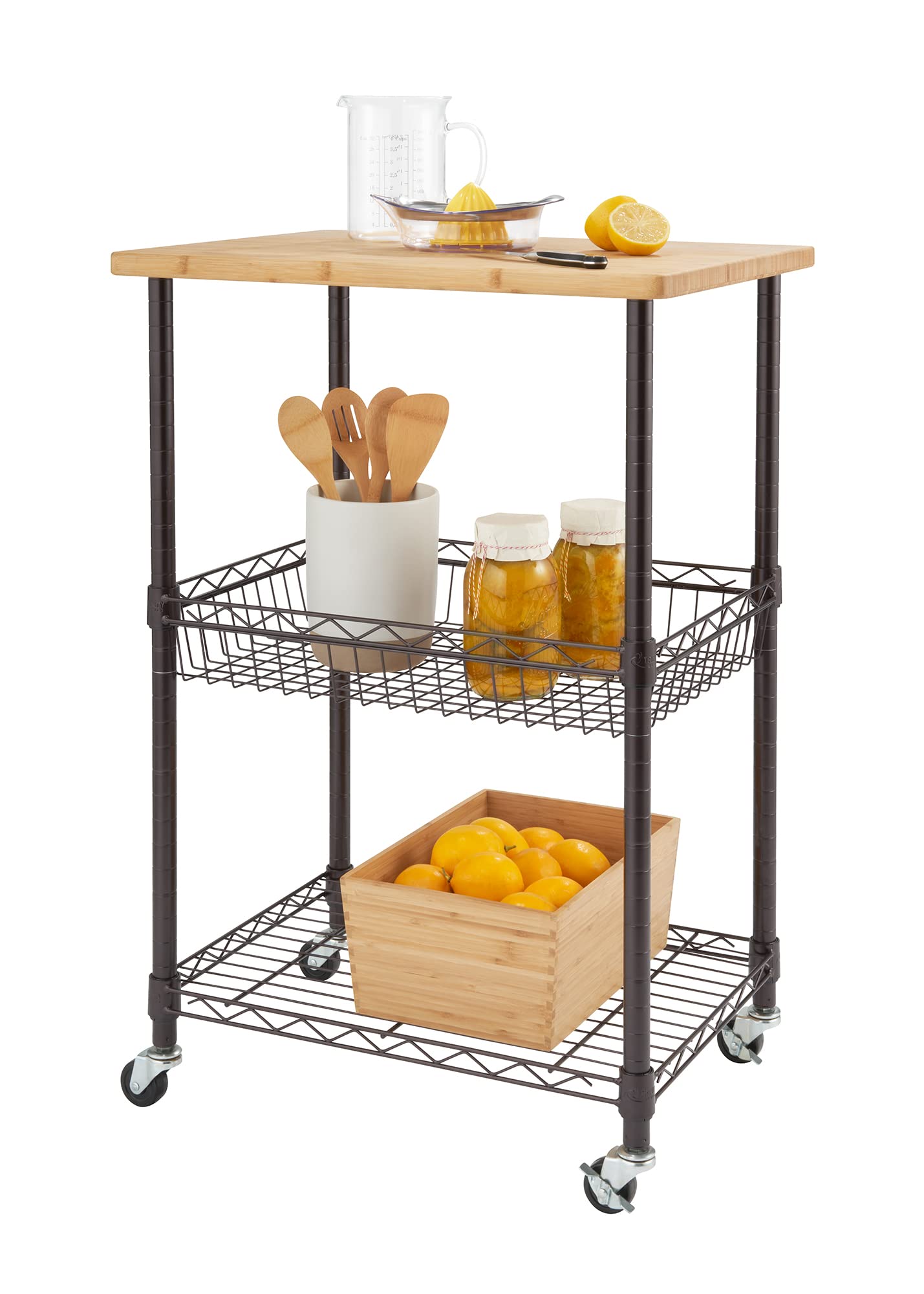 TRINITY BASICS 3 Tier Rolling Cart Kitchen Organizer with Bamboo Top, Metal Wire Storage Basket and Shelf for Household and Pantry Organization, Dark Bronze, 24” W x 18” D x 35” H