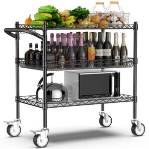 leteuke 3 tier rolling carts with wheels,990lbs heavy duty rolling utility cart,nsf commercial grade metal cart with handle&shelf liner,trolley serving cart for kitchen,restaurant,plant display,black