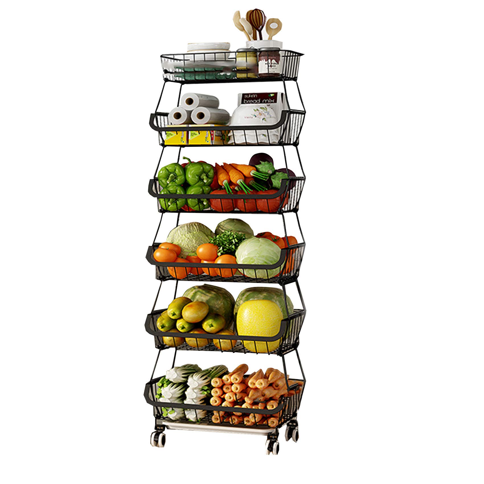 tristonsong Fruit Storage Basket, 6 Tier Rolling Stackable Vegetable Fruit Basket Utility Cart Rack, Storage Organizer Bin for Kitchen, Pantry Closet, Bedroom, Bathroom-6 tier