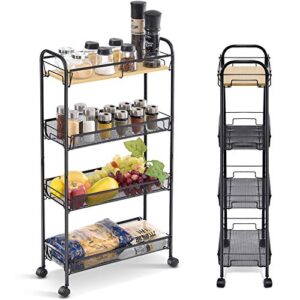 kingrack 4-tier slim rolling cart,metal utility cart,slide out storage cart with wooden tabletop and mesh baskets for narrow space on kitchen bathroom laundry room bedroom apartments dormitory, black