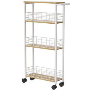 lumamu slim storage cart for small spaces, 4 tier mobile rolling cart with wheels slide out storage utility shelves cart with wooden for kitchen bathroom (white)