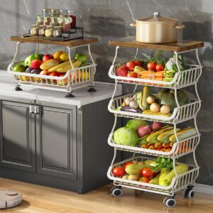 fruit basket for kitchen with wood top 5 tier, sayzh stackable fruit and vegetable storage cart, wire storage basket with wheels, vegetable basket bins rack for onions and potatoes, white