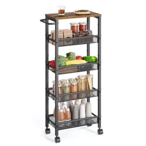 vasagle slim rolling cart, 5-tier storage cart, narrow cart with handle, 8.7 inches deep, metal frame, for kitchen, dining room, living room, home office, rustic brown and black ulrc035b01